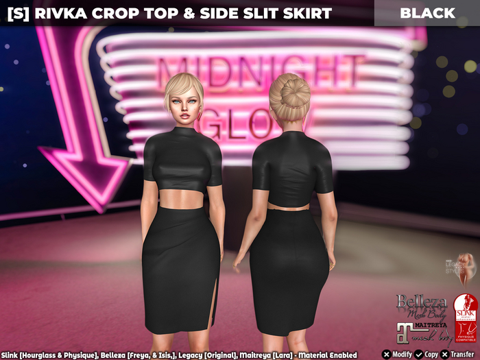 Second Life Marketplace - [S] Rivka Crop Top & Side Slit Skirt Black